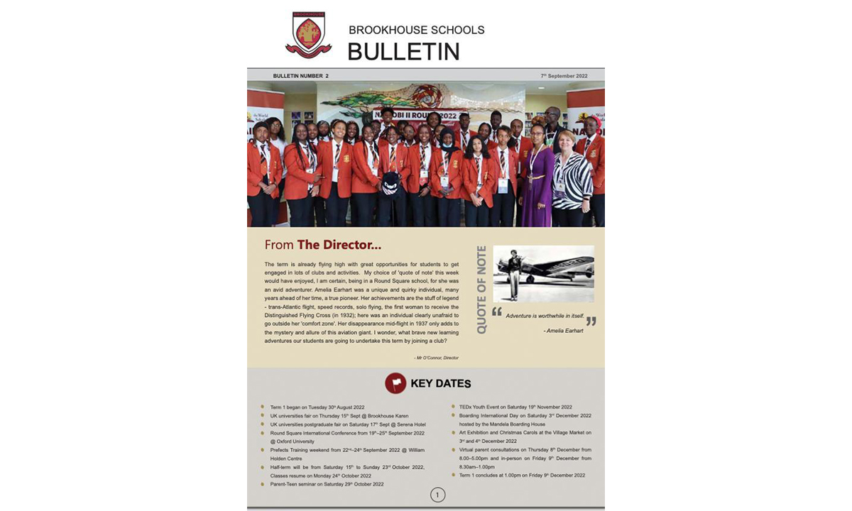 Bulletin Number 2 Term 1 September 7th 2022 | Brookhouse Schools, Nairobi